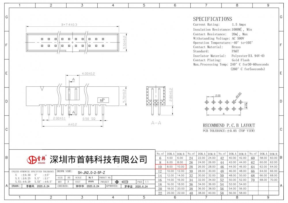 SHOU HAN SH-JN2.0-2-5P-Z technical drawing preview