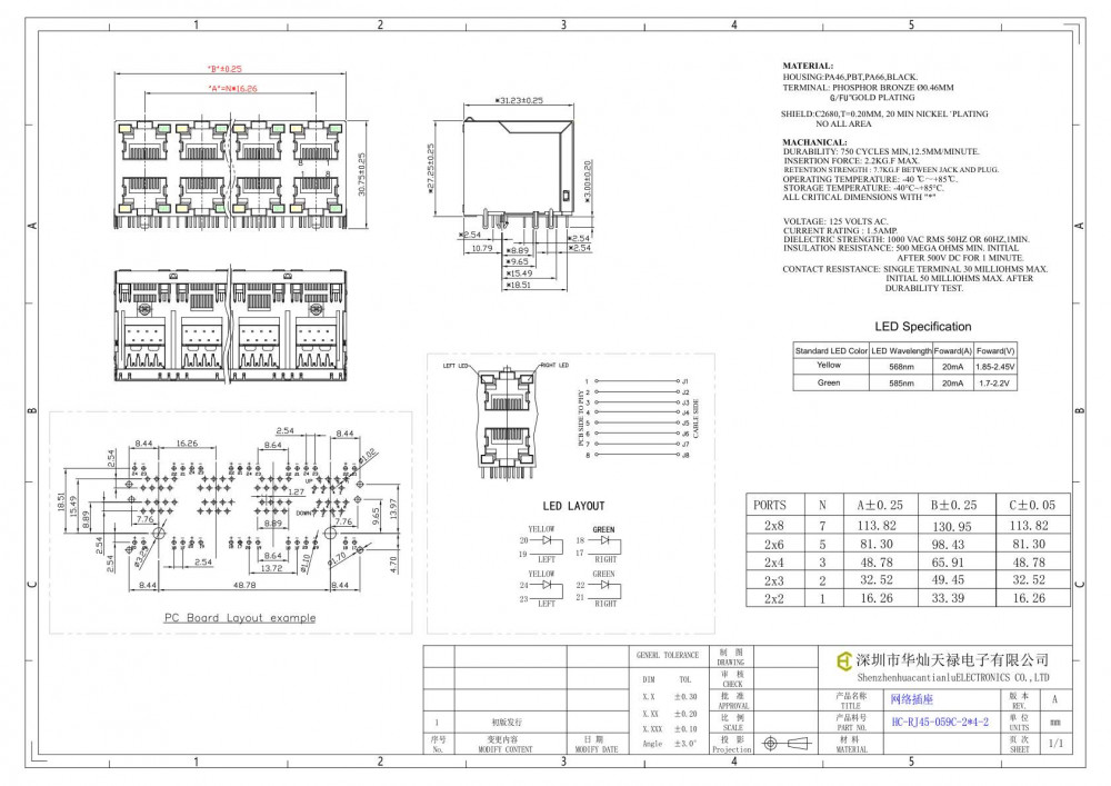 HCTL HC-RJ45-059C-2*4-2 technical drawing preview