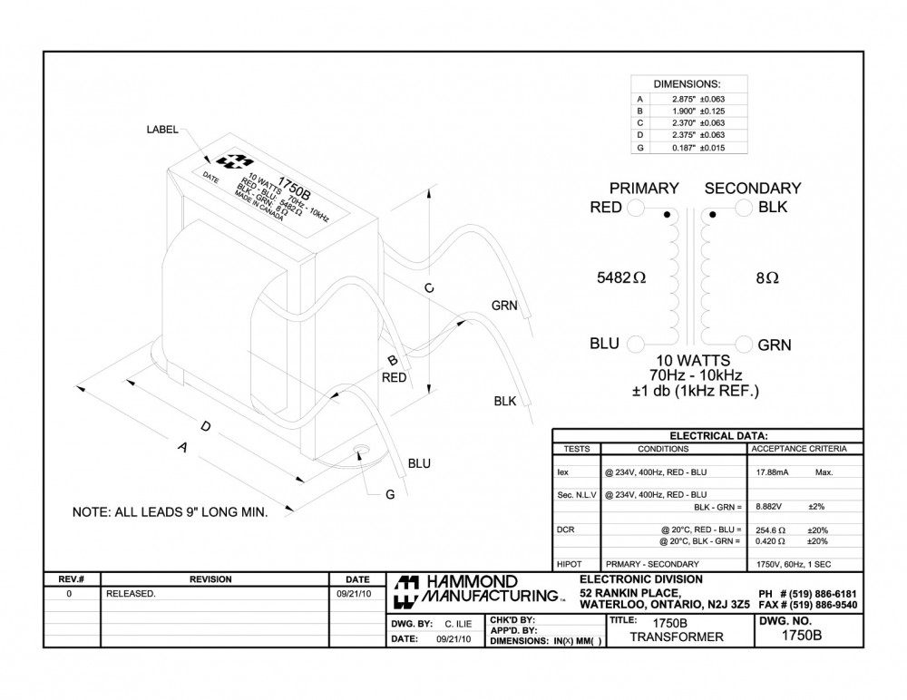 Hammond 1750B transformer drawing