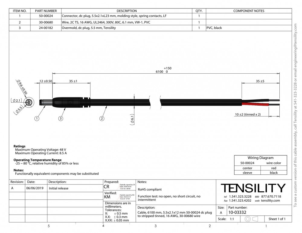 Tensility International 10-03332 DC cable assembly drawing