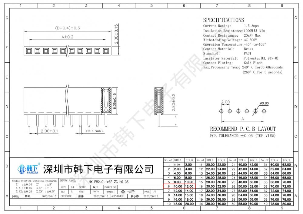 HX PM2.0-1x6P ZC H6.35 technical drawing preview