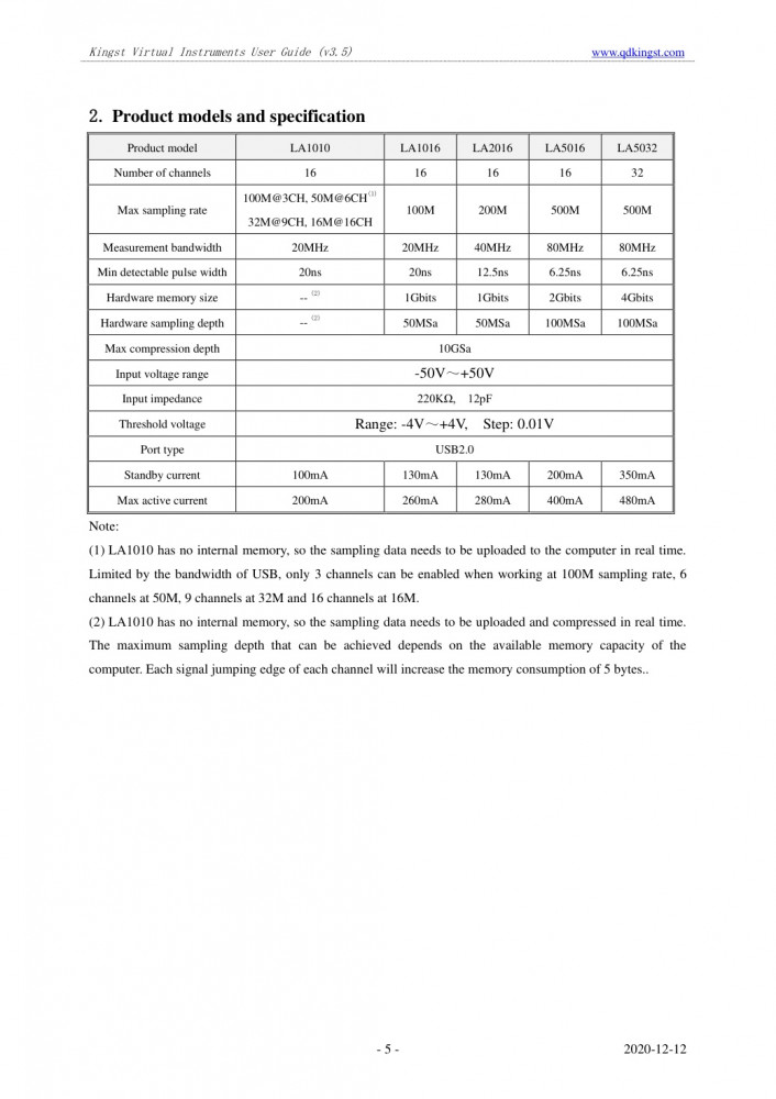 Kingst LA5016 documentation page 5