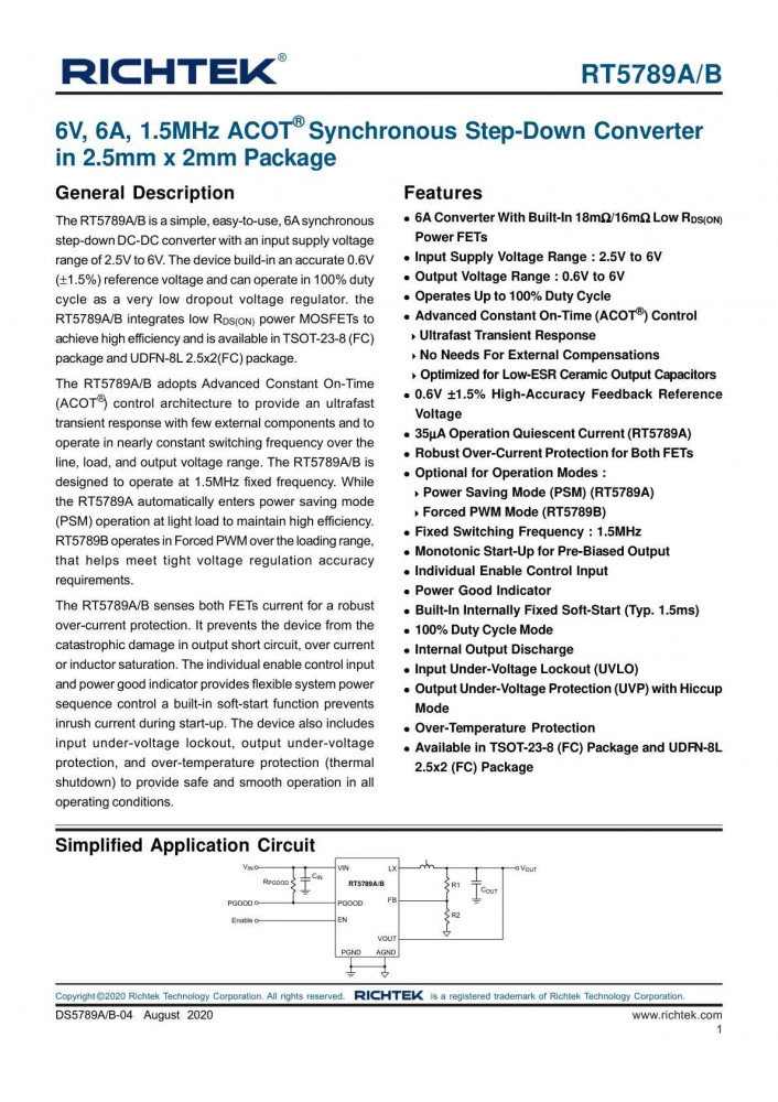 RT5789AGQUF datasheet page 1