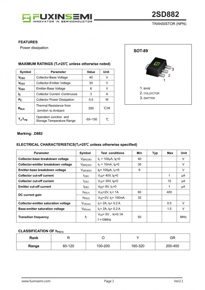 FUXINSEMI 2SD882 datasheet page 1