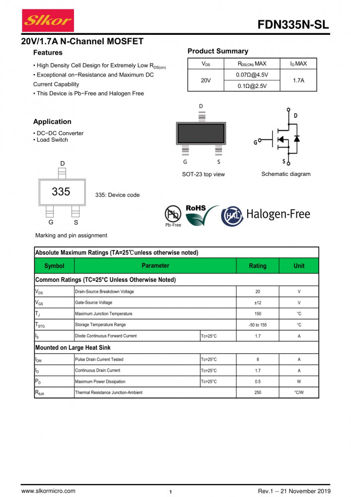 FDN335N-SL datasheet page 1