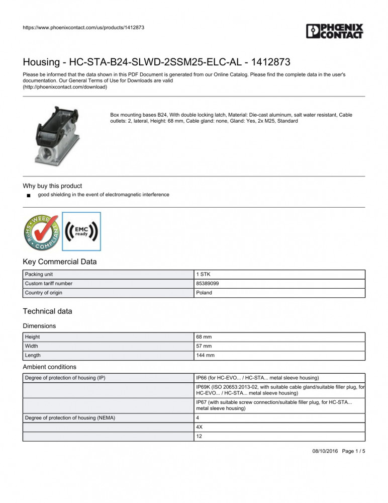 Phoenix Contact 1412873 product document page 1