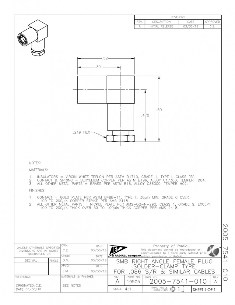 Radiall 2005-7541-010 product drawing preview