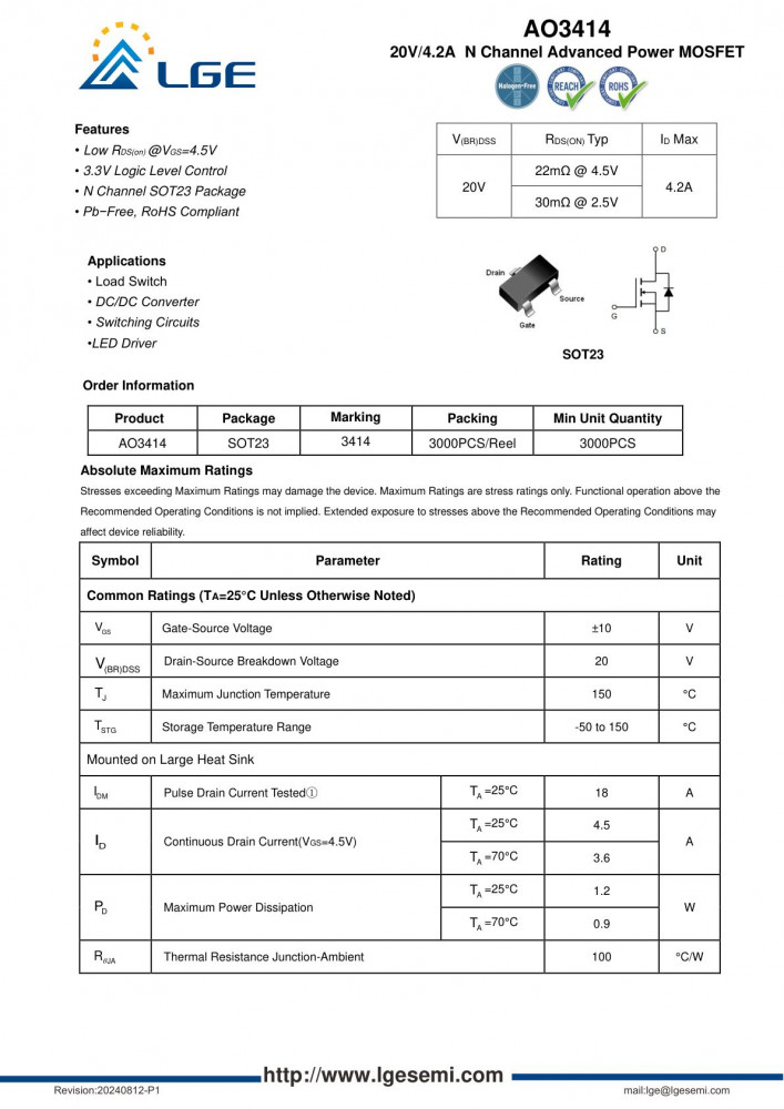 AO3414 technical document page 1