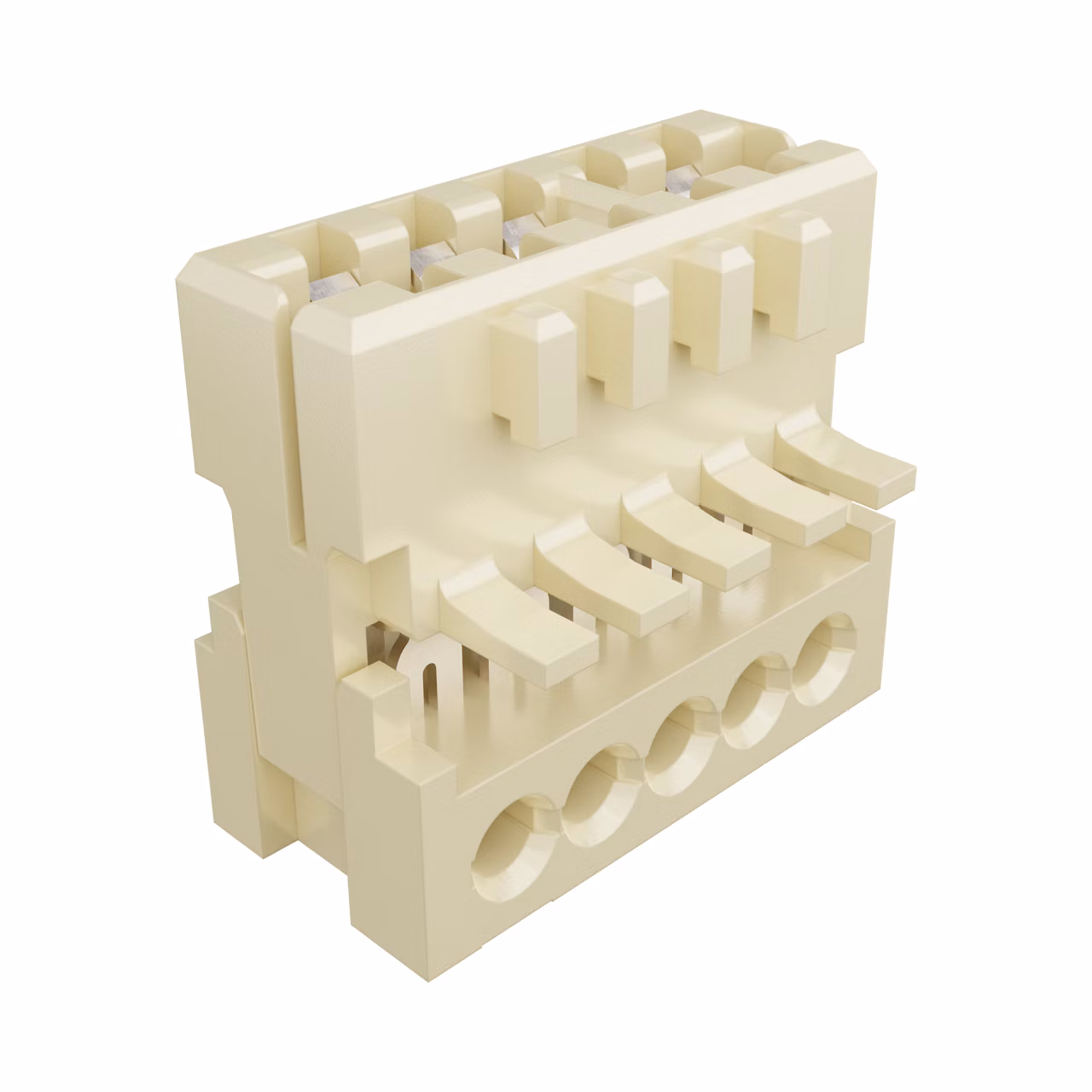Appli-Mate RAST 2.5 Connector, 2.50mm Pitch, Female, 5 Circuits, Positions A and F Removed, Polarizing Rib Between 2/3, Locking Pips, Slotted Endwalls, Gold Plating