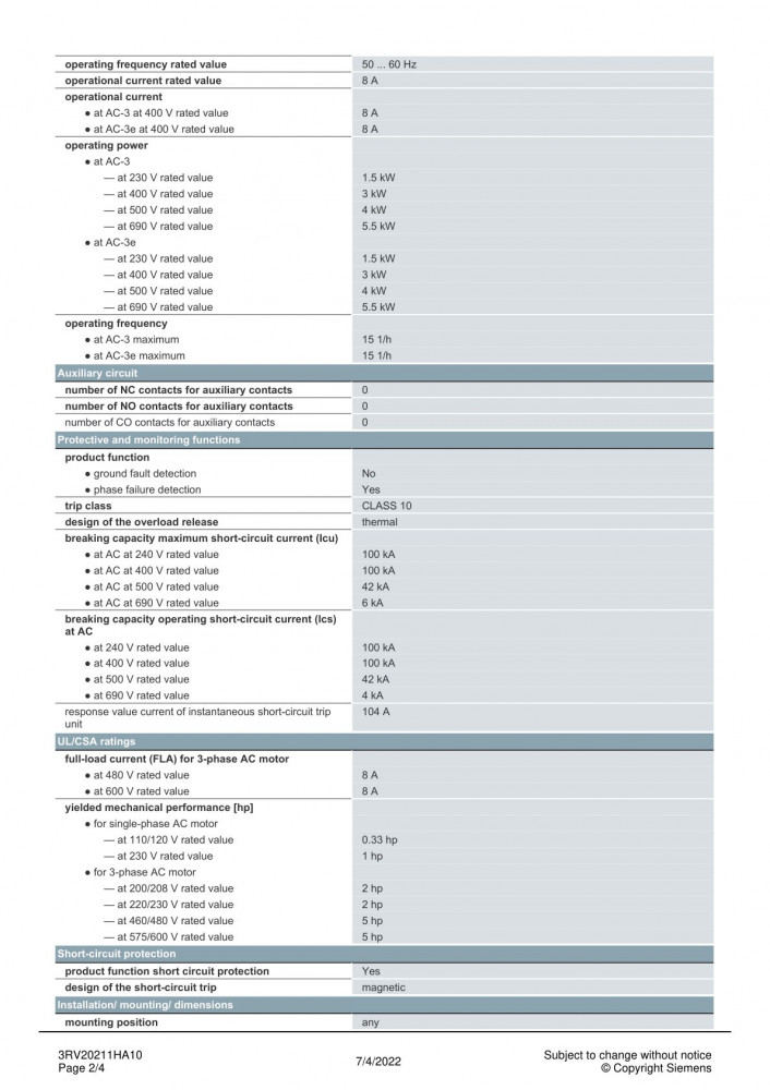 SIEMENS 3RV20211HA10 datasheet page 2