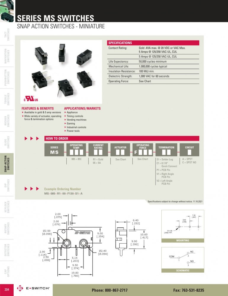 E-Switch MS series datasheet page 1