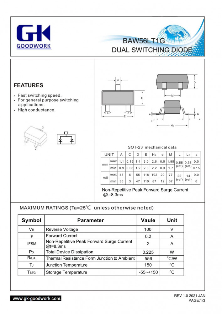 BAW56LT1G technical document page 1