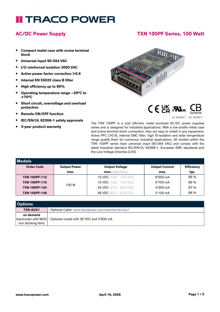 TXN 100PF datasheet page 1