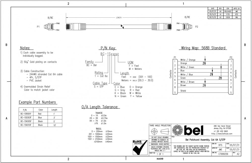 Bel Fuse BC-1SK010F Cat 6A S/STP patchcord drawing