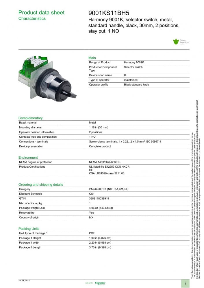 9001KS11BH5 technical document page 1