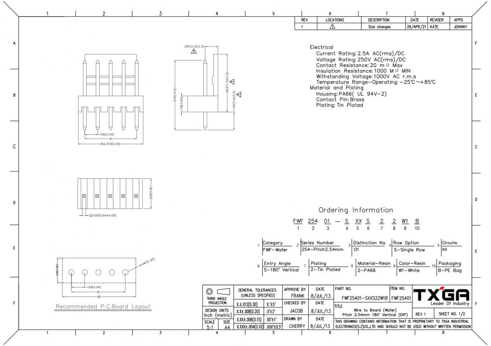 TXGA FWF25401 technical drawing page 1