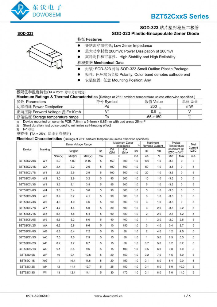 DOWO BZT52C6V2S datasheet page 1