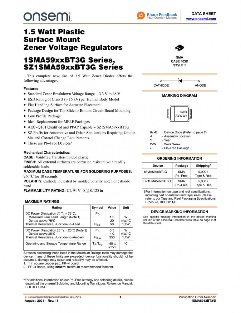 1SMA5913BT3G datasheet page 1