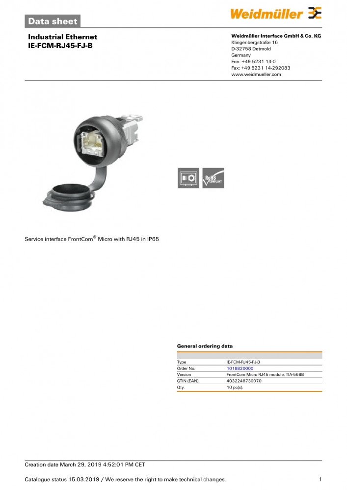 WEIDMULLER 1018820000 technical document page 1