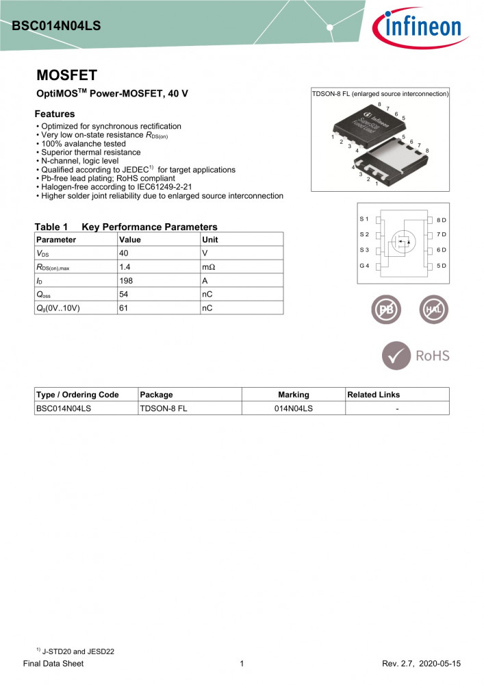 BSC014N04LS datasheet page 1