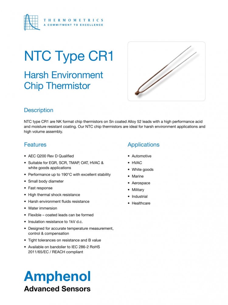 Amphenol CR1 thermistor document page 1