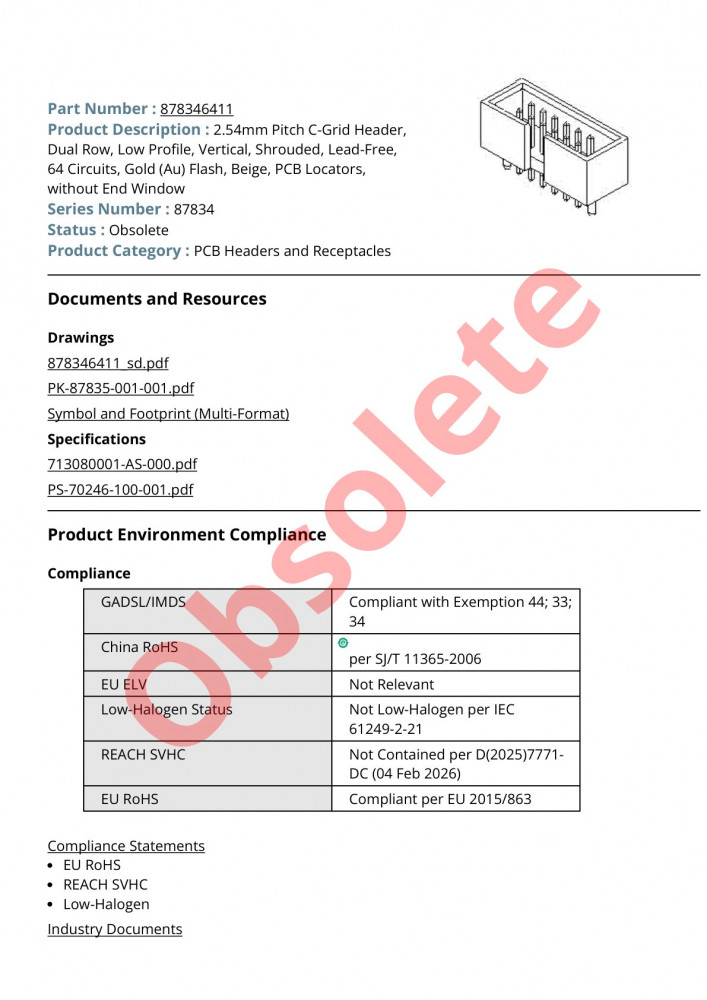 Technical document page 1 for MOLEX 878346411
