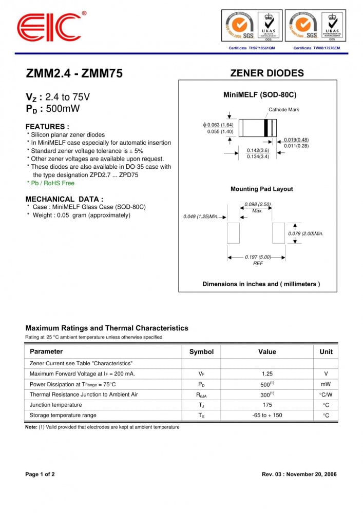 EIC ZMM5V1 datasheet page 1