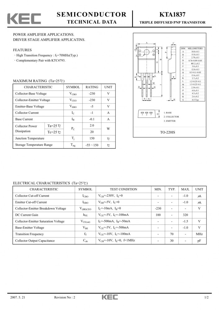 KTA1837-U/PF datasheet page 1