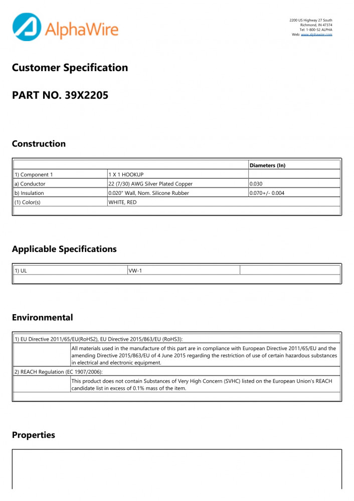 Alpha Wire 39X2205 WH001 technical specification page 1