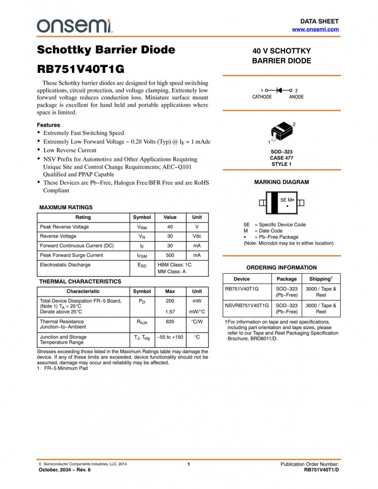 RB751V40T1G datasheet page 1