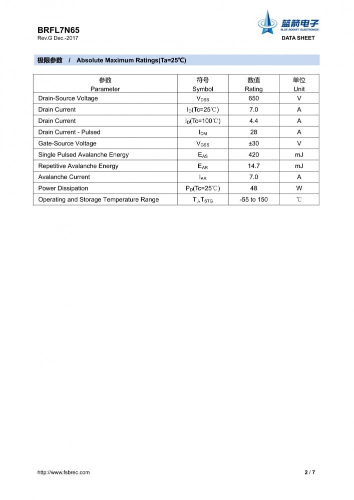 BRFL7N65 datasheet page 2