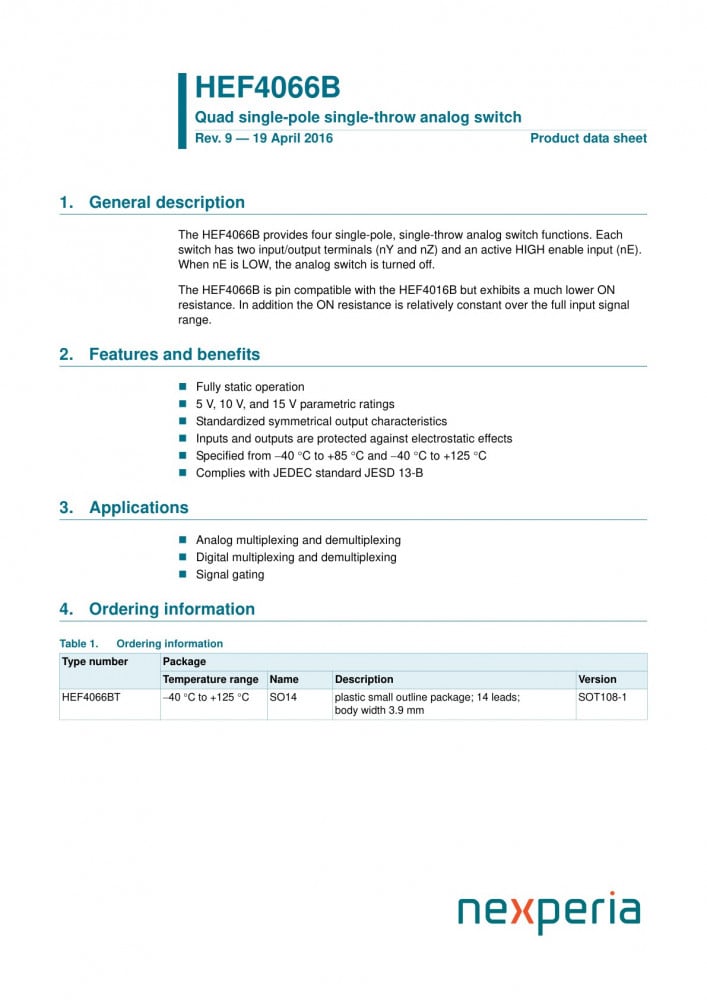 HEF4066BT datasheet page 1