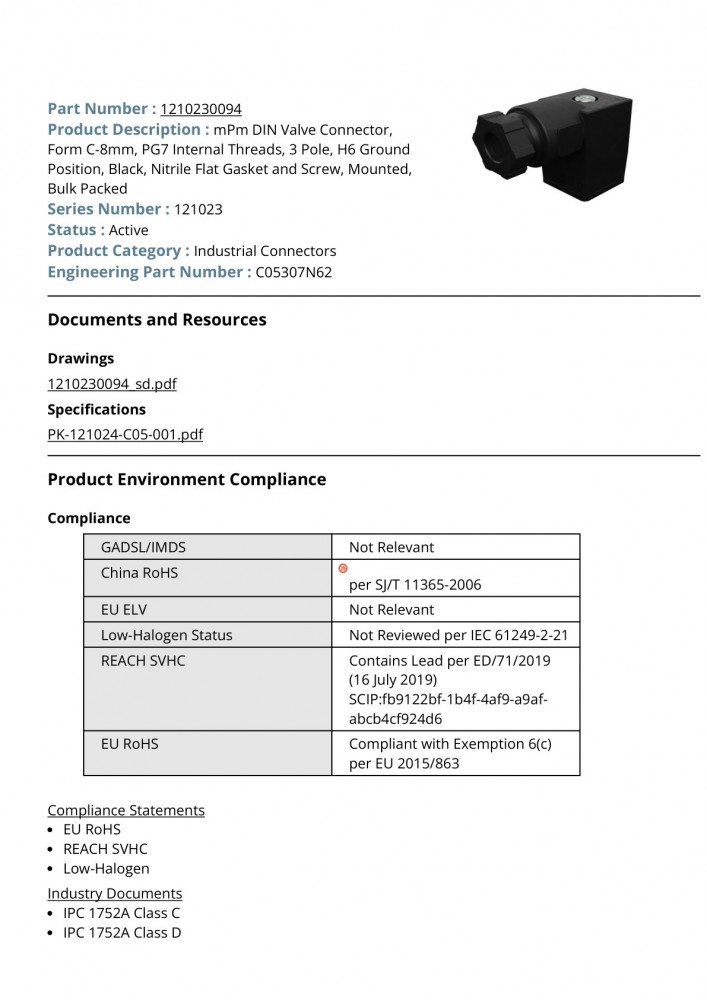 Molex DIN Valve Series C05 packaging specification, page 1