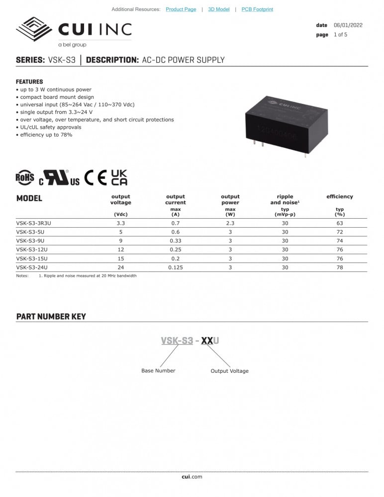 CUI VSK-S3 datasheet page 1