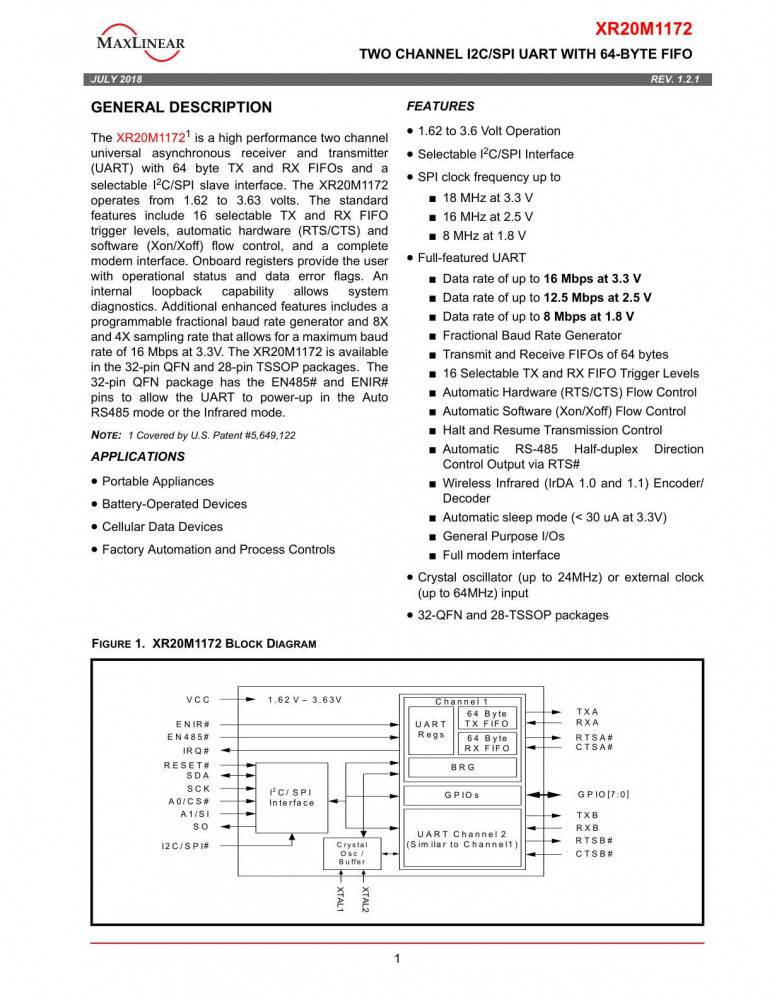 XR20M1172 datasheet page 1