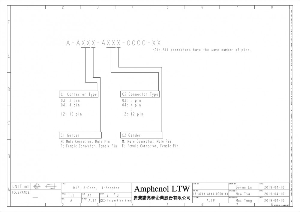 Amphenol M12 A-code I-adaptor drawing sheet 2