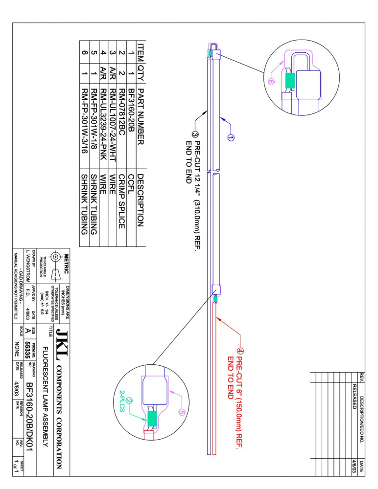 BF3160-20B/DK01 fluorescent lamp assembly drawing