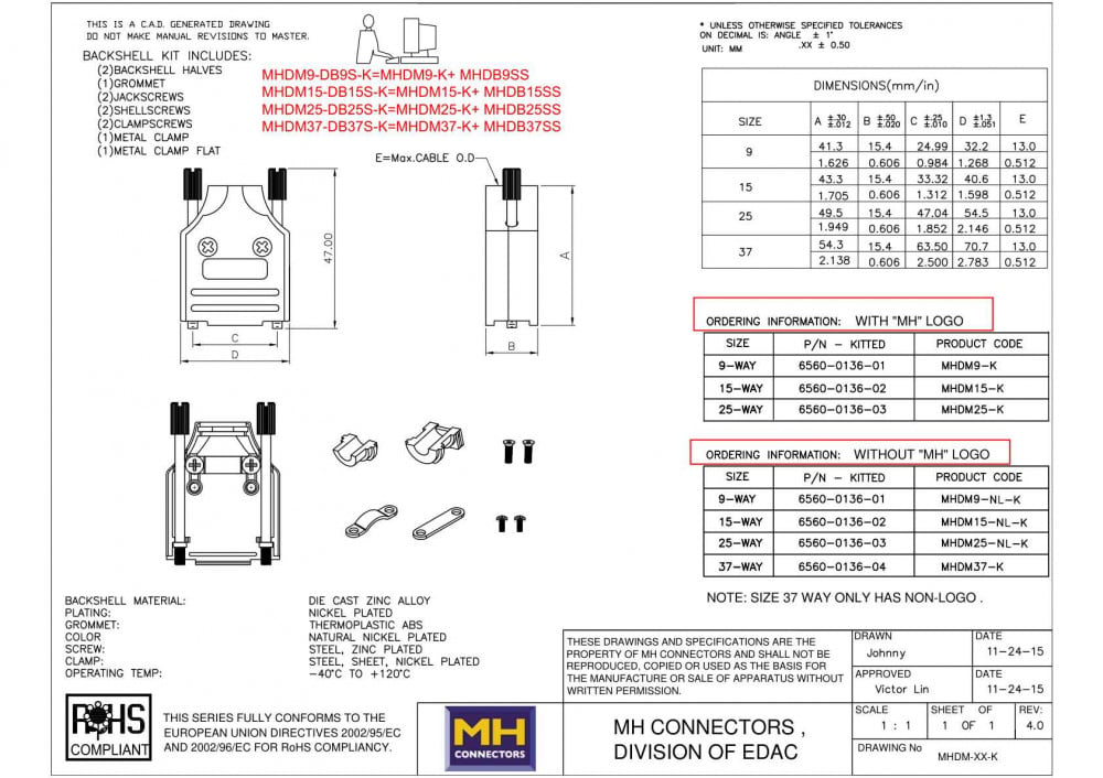 MH CONNECTORS MHDM backshell drawing page 1
