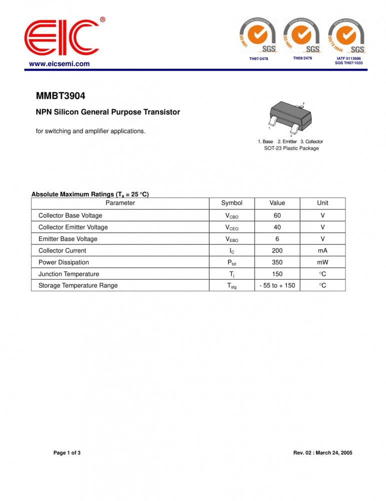 EIC MMBT3904 datasheet page 1