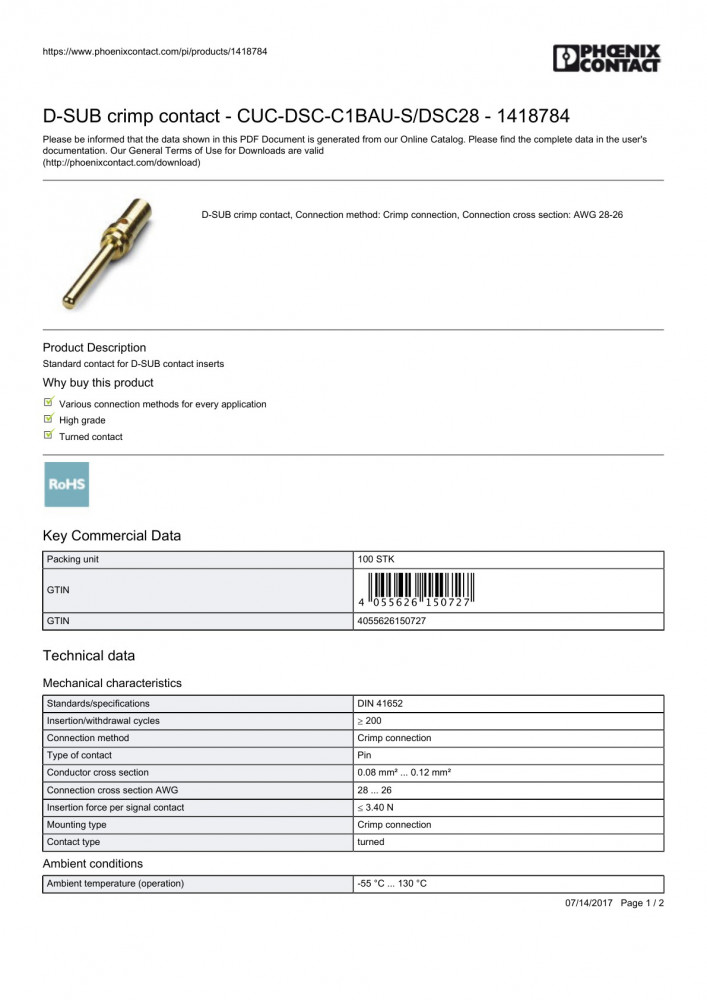 Phoenix Contact 1418784 product data page