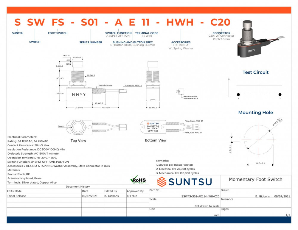 SSWFS-S01-AE11-HWH-C20 momentary foot switch technical drawing