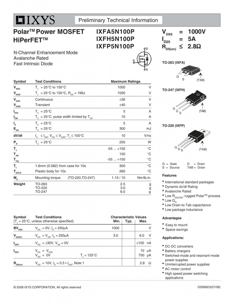 IXFP5N100P datasheet page 1