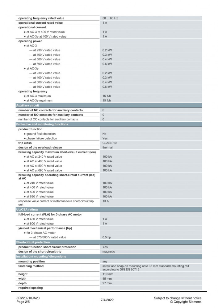 3RV20210JA20 technical document page 2