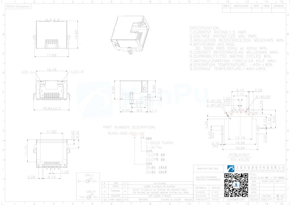 XUNPU RJ45-005-034-11 technical document page