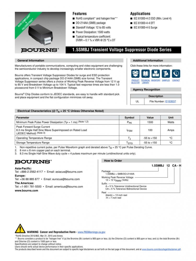 BOURNS 1.5SMBJ series datasheet page 1