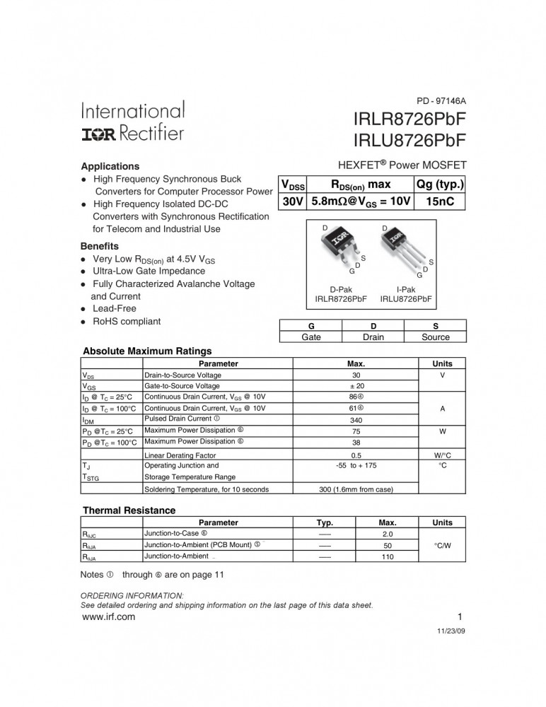 IRLR8726TRPBF datasheet page 1