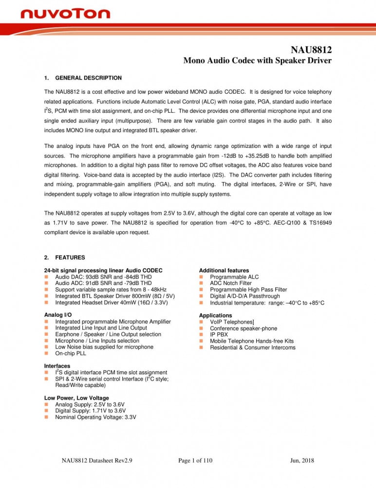 NAU8812 datasheet page 1