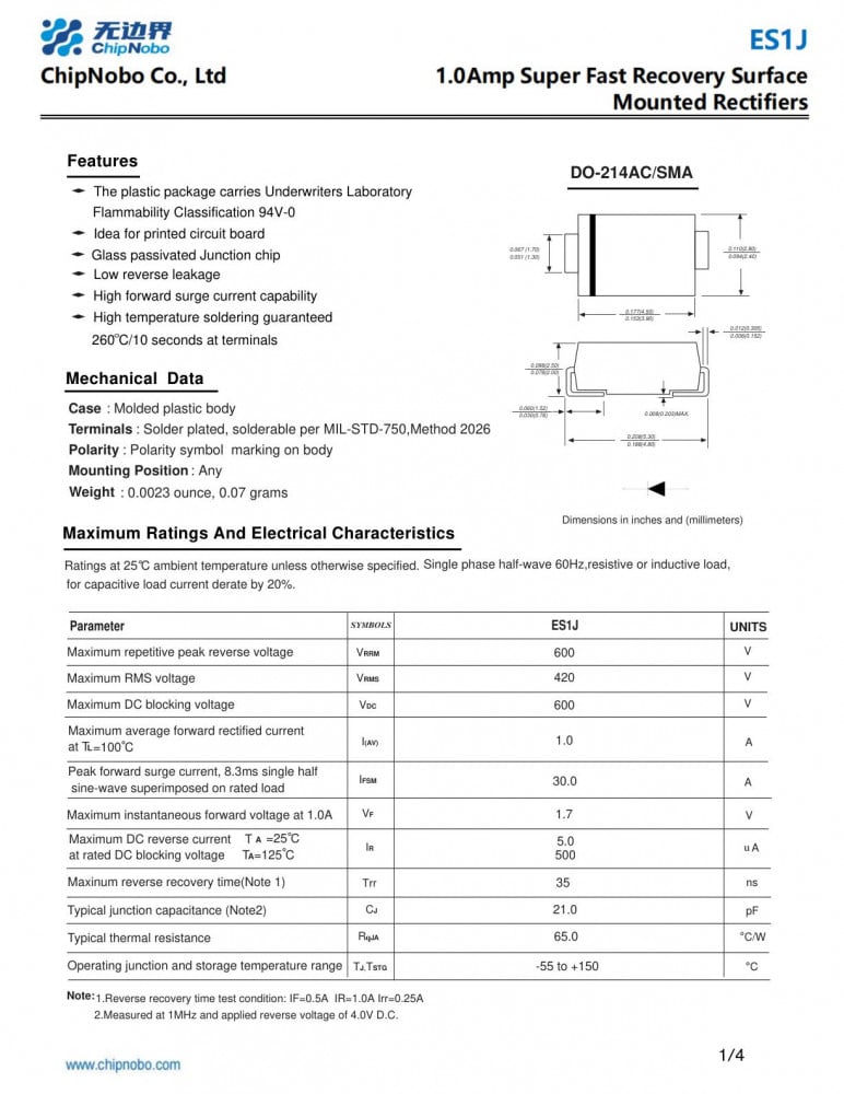 ES1J datasheet page 1