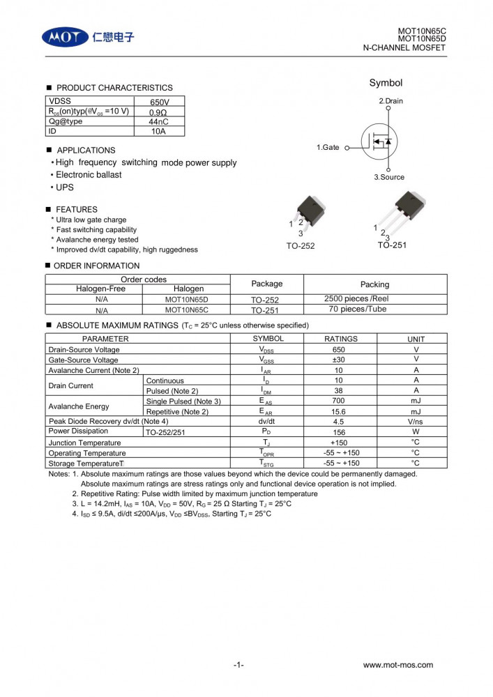 MOT10N65D datasheet page 1