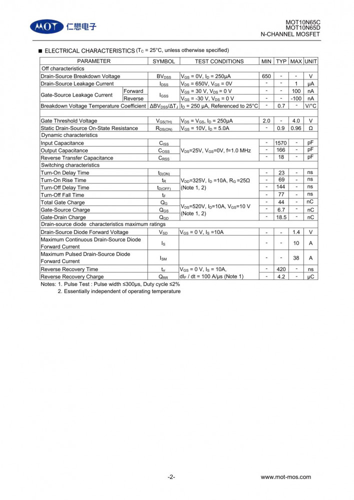MOT10N65D datasheet page 2